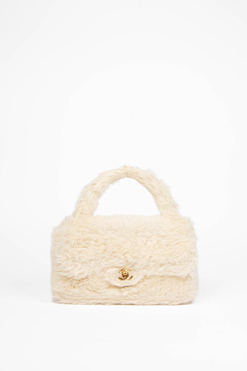 SUPER RARE 90s Chanel Cream Shearling Top Handle Bag – Break Archive